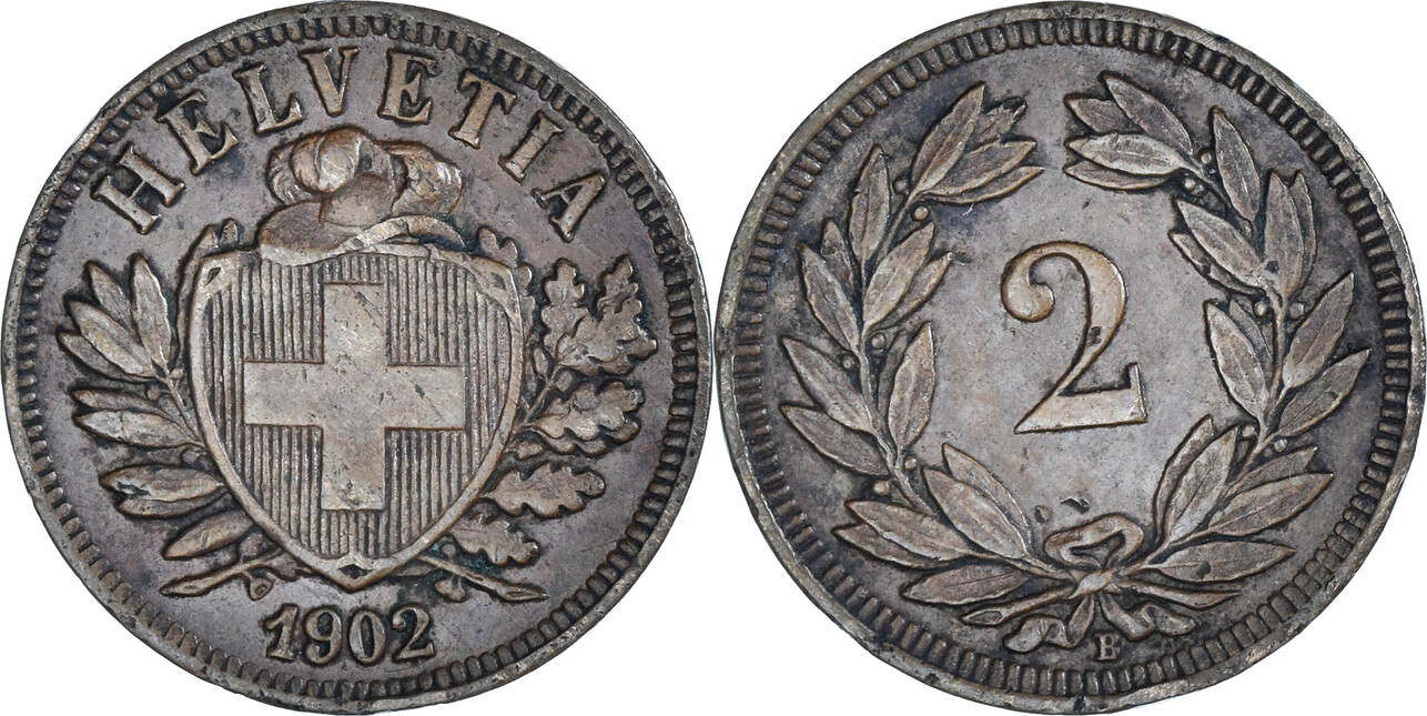 Switzerland 2 Rappen 1902 B Coin, Bern, Bronze, KM:4.2 EF(40-45) | MA-Shops