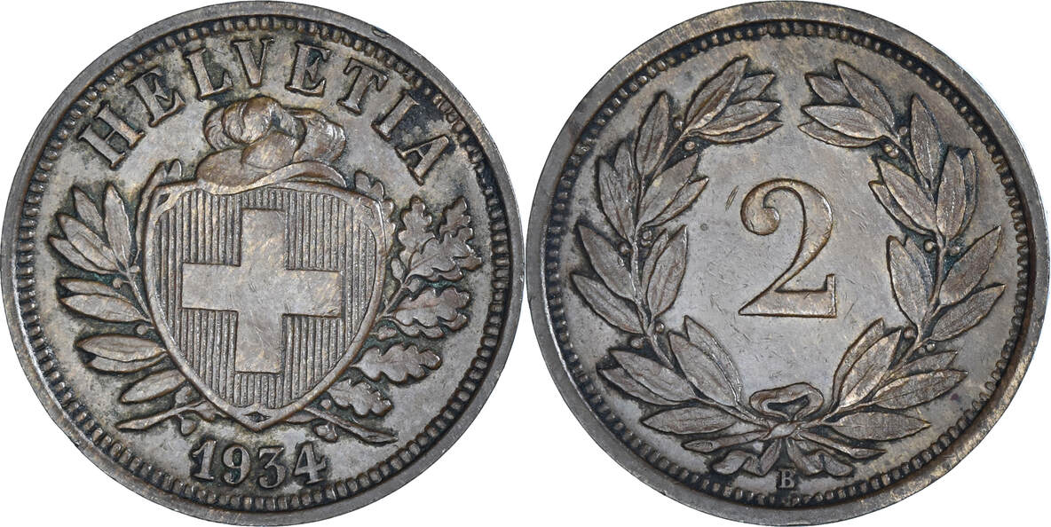 Switzerland 2 Rappen 1934 B Coin, Bern, Bronze, KM:4.2a AU(50-53) | MA ...