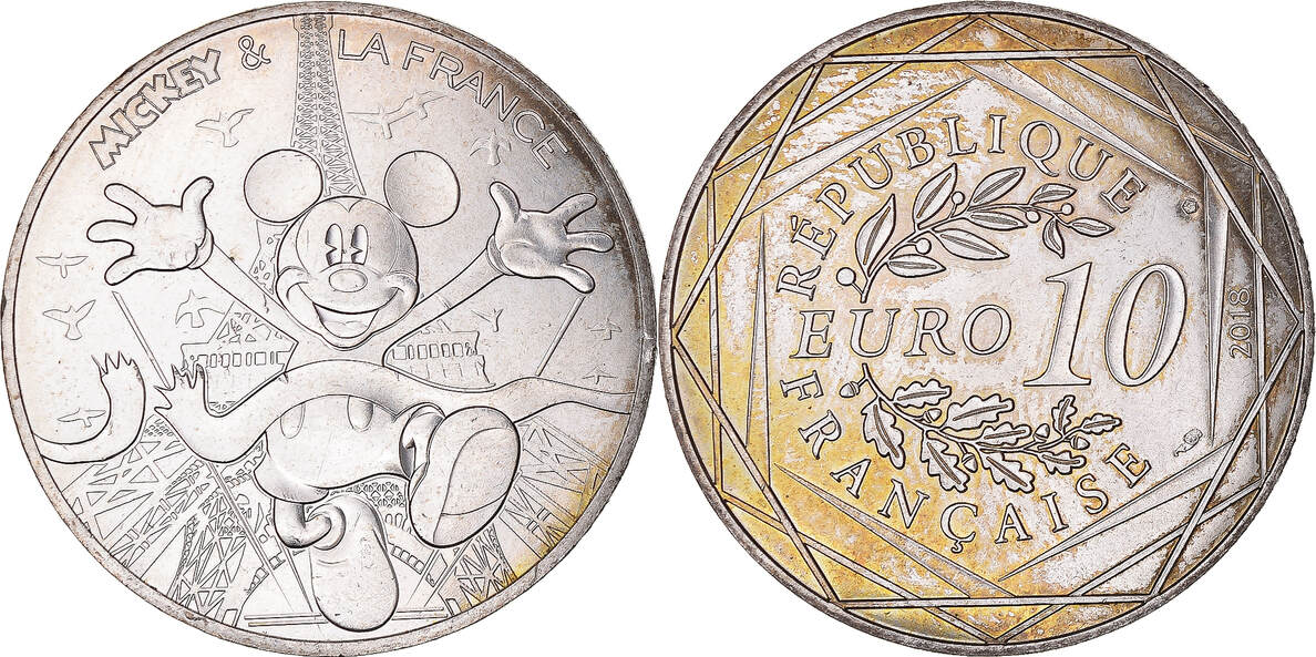 France 10 Euro 2018 Mickey aux pieds de la Dame de fer, Silver MS(65-70 ...