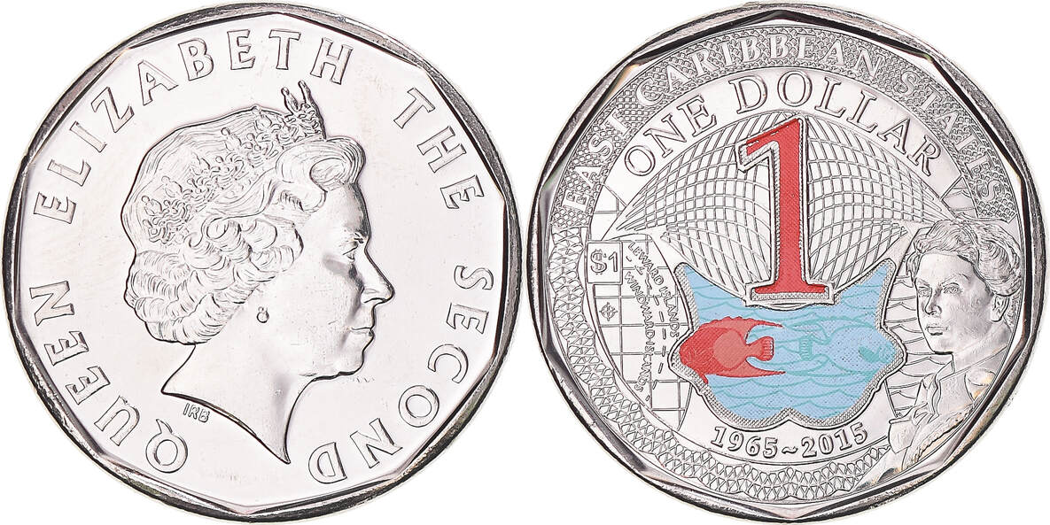 East Caribbean States Dollar 2015 Coin, 50 ans Banque Centrale ...