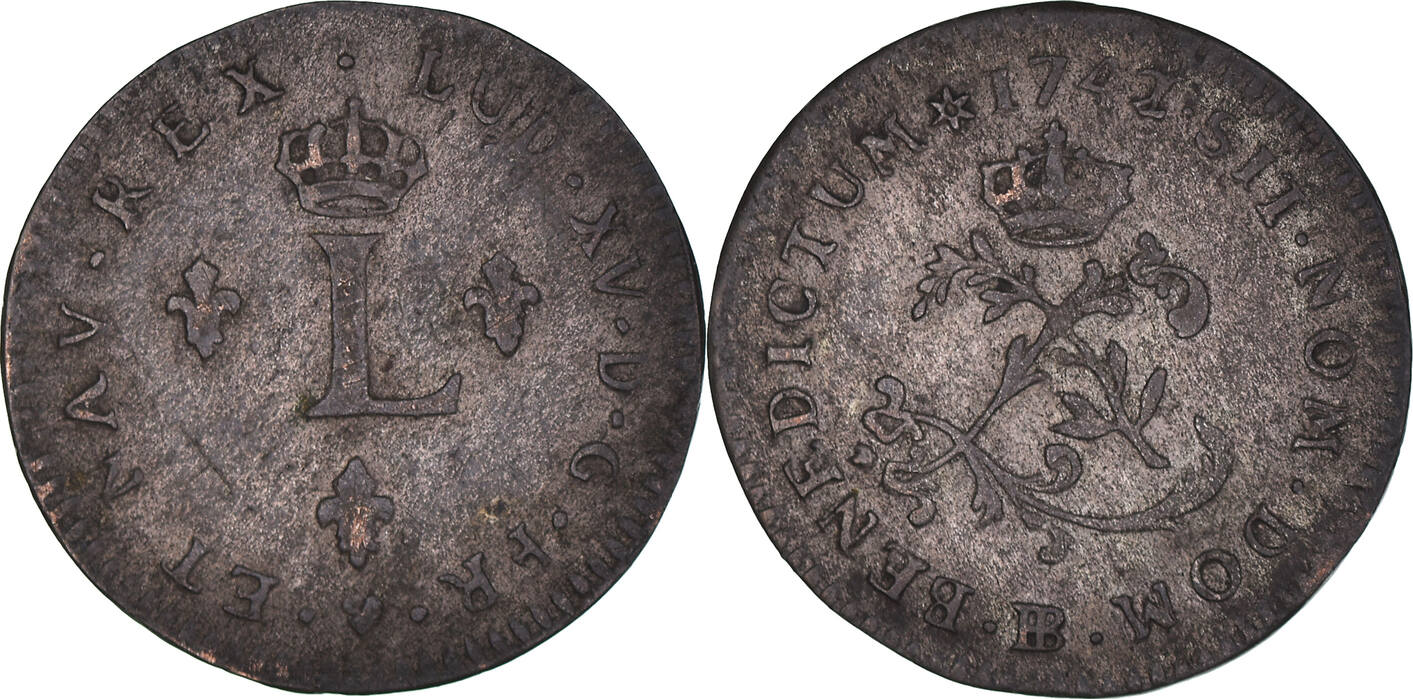 France 2 Sols 1742 BB Coin, Louis XV, Double sol (2 sous) en billon ...