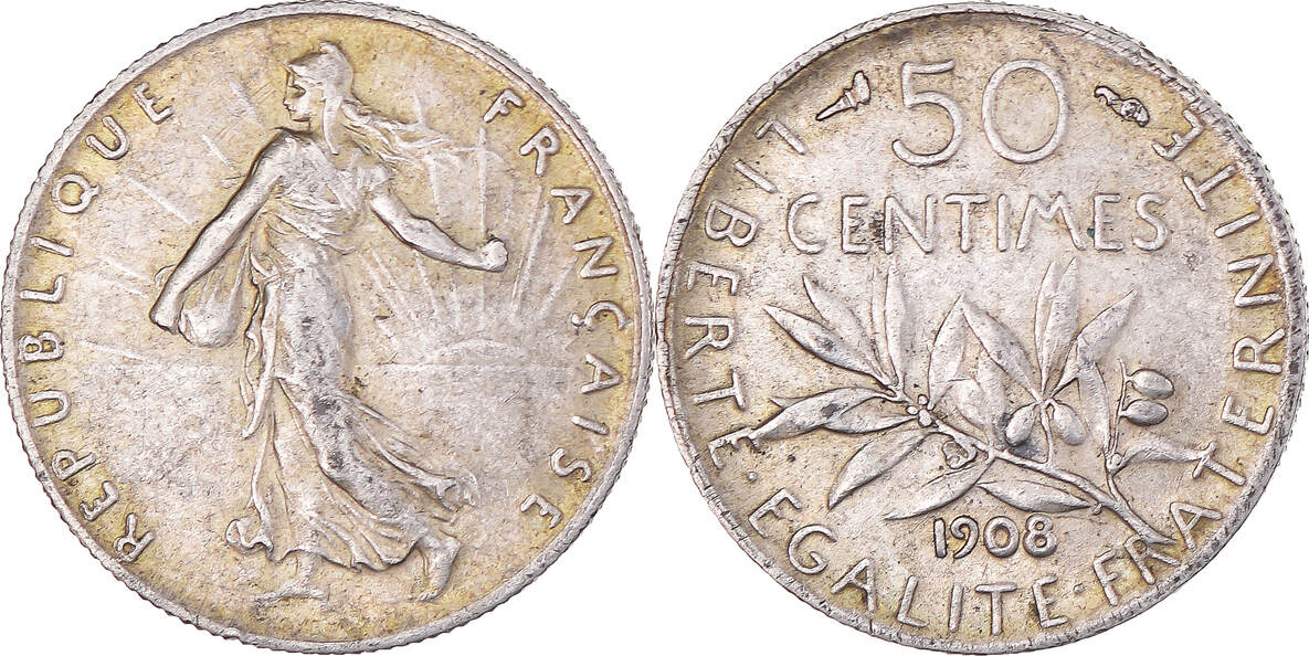 France 50 Centimes 1908 Paris Coin, Semeuse, Paris, Silver, KM:854 AU(50-53) | MA-Shops