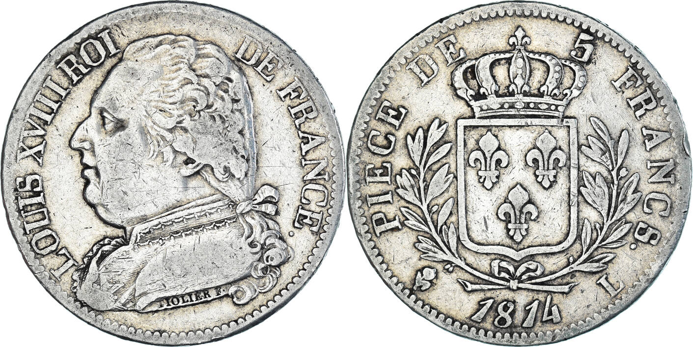 France 5 Francs 1814 L Coin, Louis XVIII, Louis XVIII, Bayonne VF(30-35 ...
