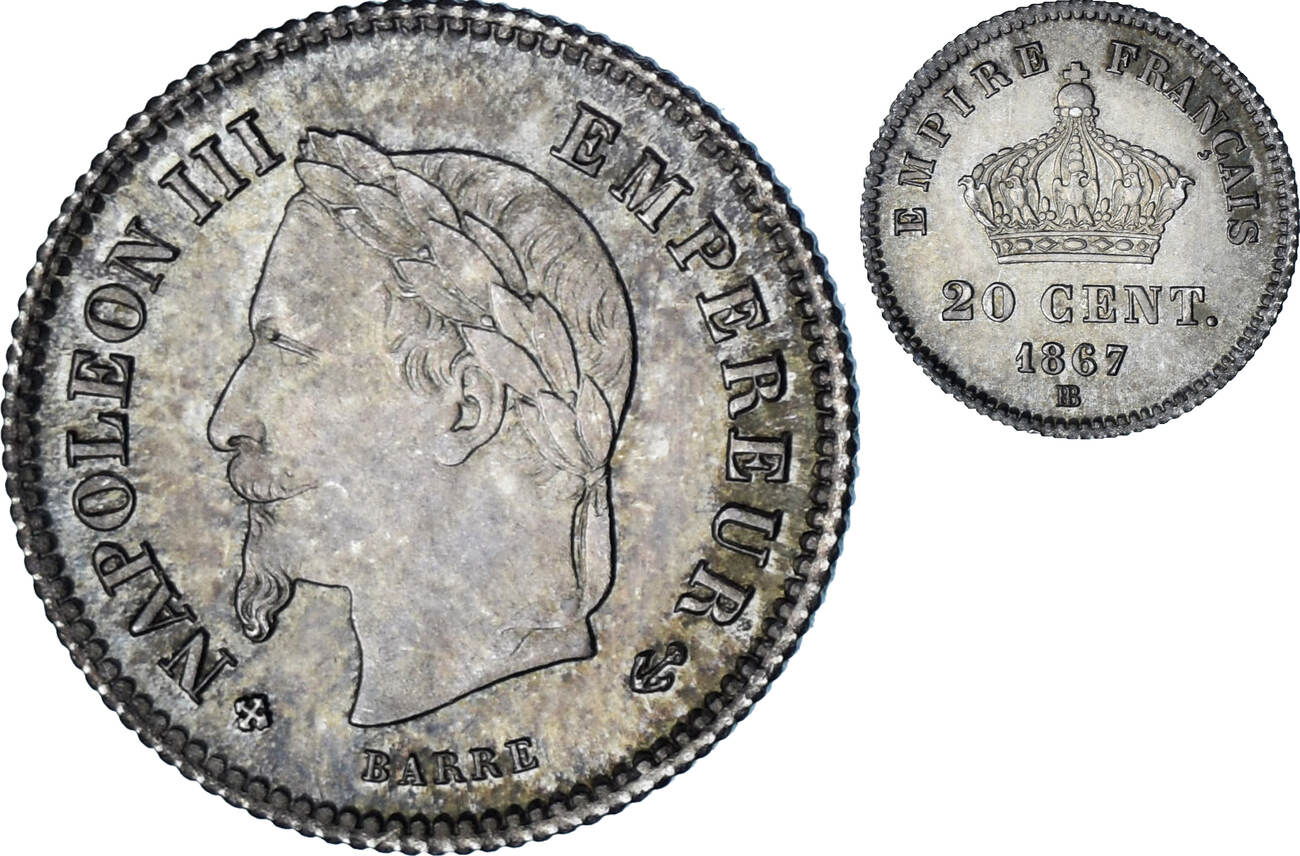 France 20 Centimes 1867 BB Coin, Napoleon III, Napoléon III, Strasbourg MS(60-62) | MA-Shops