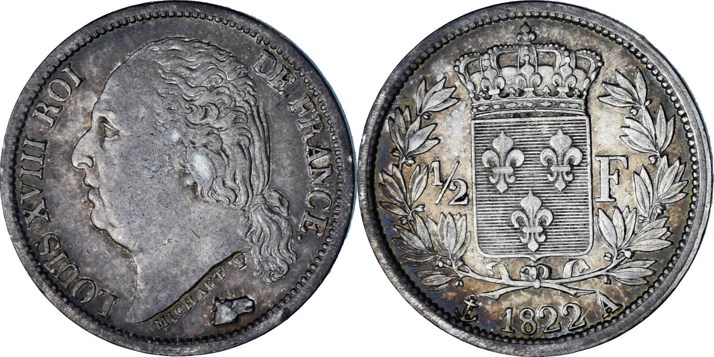 France 1/2 Franc 1822 A Coin, Louis XVIII, Paris, Silver, KM:708.1 AU ...