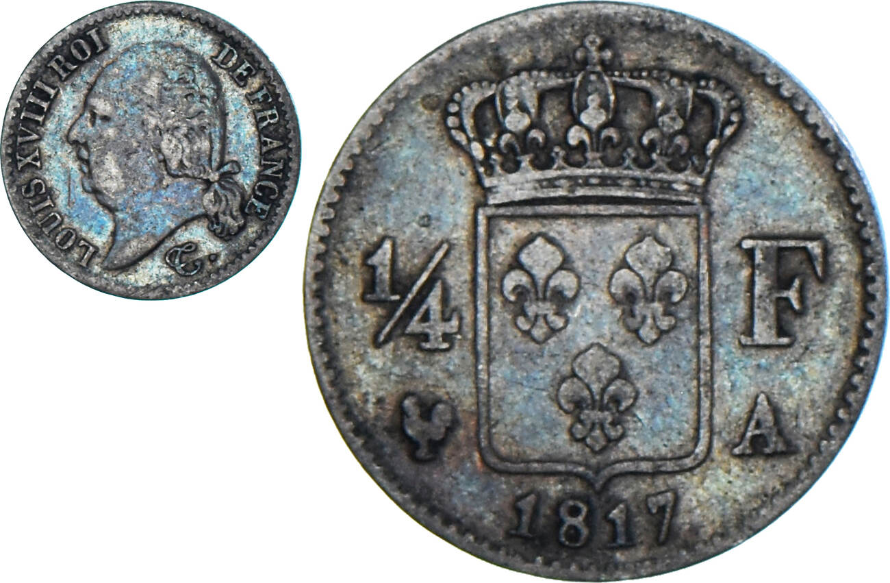 France 1/4 Franc 1817 Paris Coin, Louis XVIII, Paris, Silver, KM:714.1 ...