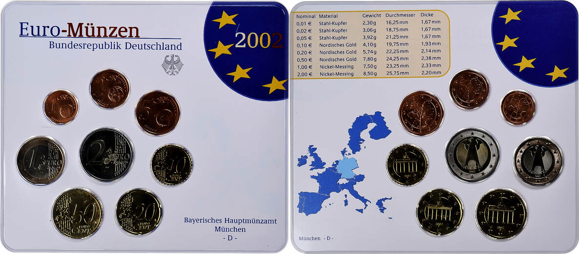 Germany 1 Cent to 2 Euro 2002 Munich Munich, euro set MS(65-70) | MA-Shops