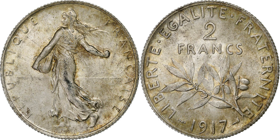 France 2 Francs 1917 Paris Coin, Paris, Semeuse, Silver, KM:845.1 AU(55-58) | MA-Shops