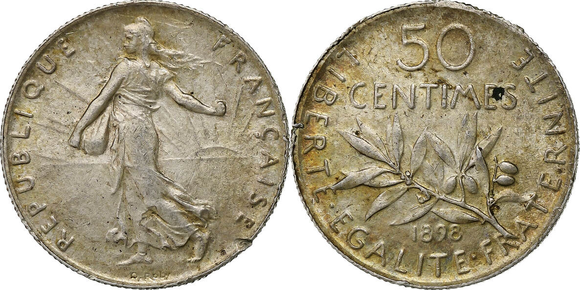 France 50 Centimes 1898 Paris Semeuse, Paris, Silver, Gadoury:420 AU(55-58) | MA-Shops