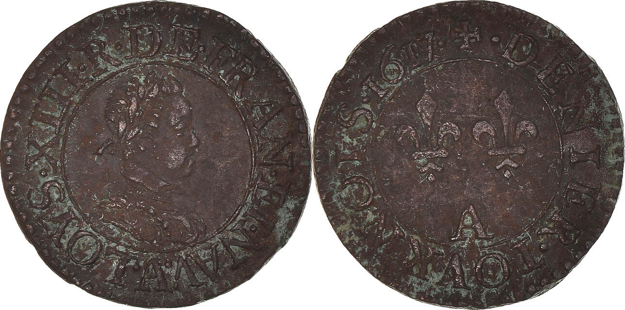 France Denier Tournois 1617 Paris Coin, Louis XIII, Paris, Copper EF(40 ...