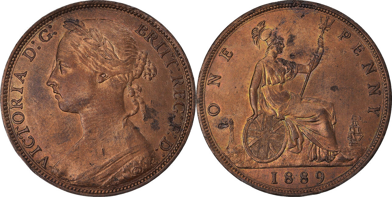 Great Britain Penny 1889 Coin, Victoria, Bronze AU(50-53) | MA-Shops