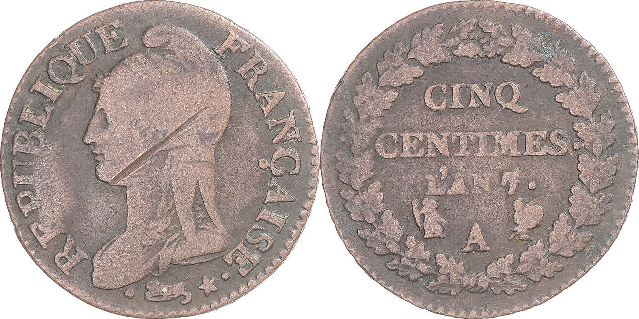 France 5 Centimes AN 7 Paris Coin, Dupré, Paris, Copper, Gadoury:126 VF ...