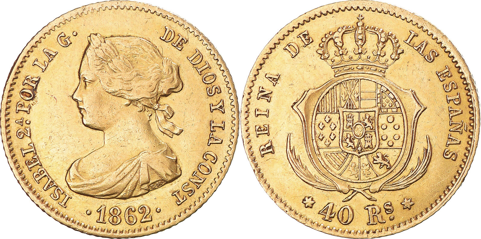 Spain 40 Reales 1862 Madrid Coin, Isabel II, Madrid, Gold AU(50-53 ...