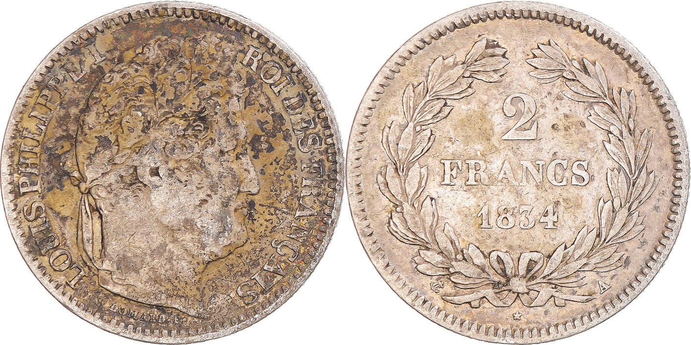 France 2 Francs 1834 Paris Coin, Louis-Philippe, Paris, Silver VF(30-35 ...