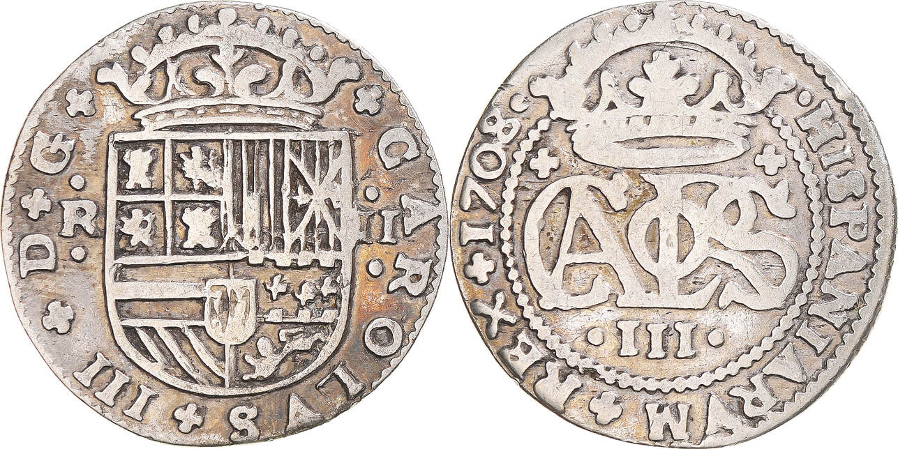 Spain 2 Reales 1708 Barcelona Coin, CATALONIA, Charles III, Barcelona ...