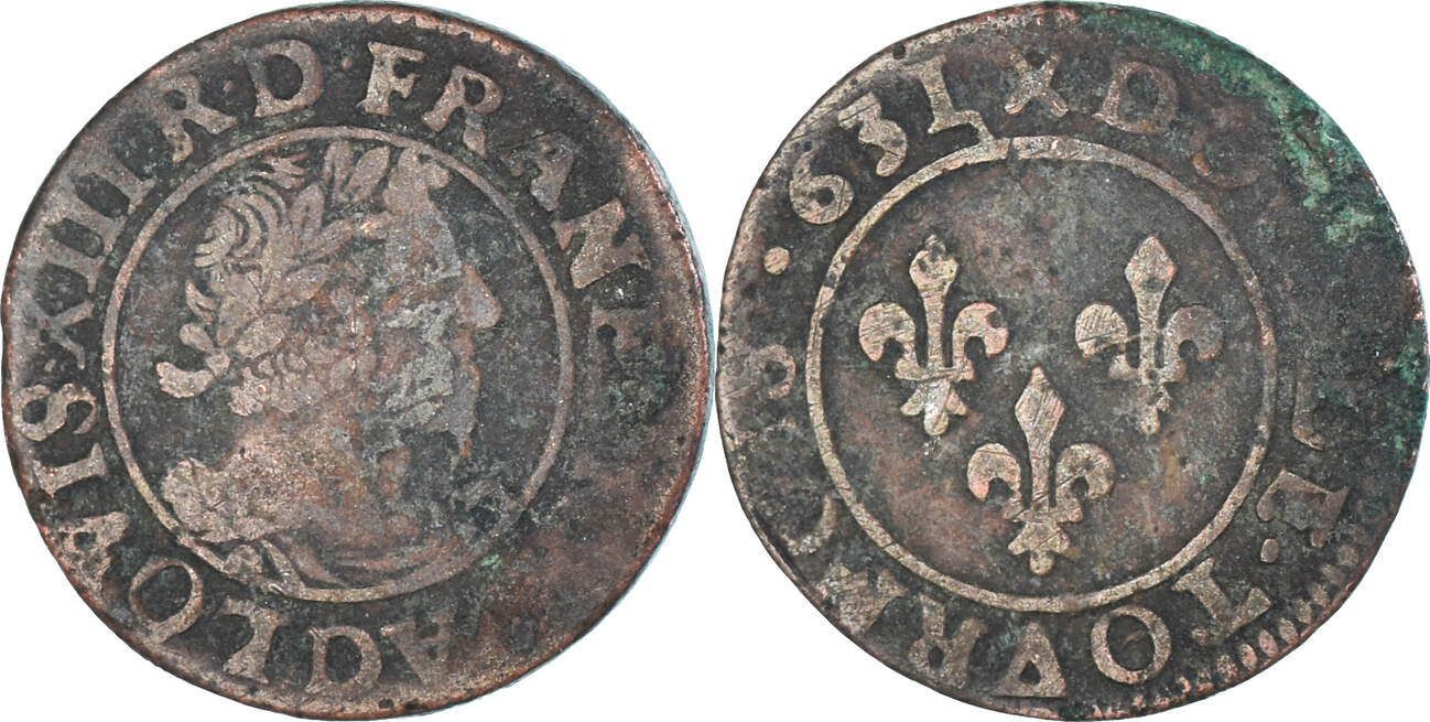 France Double Tournois 1631 Lyon Coin, Louis XIII, Lyon, Copper VF(30 ...