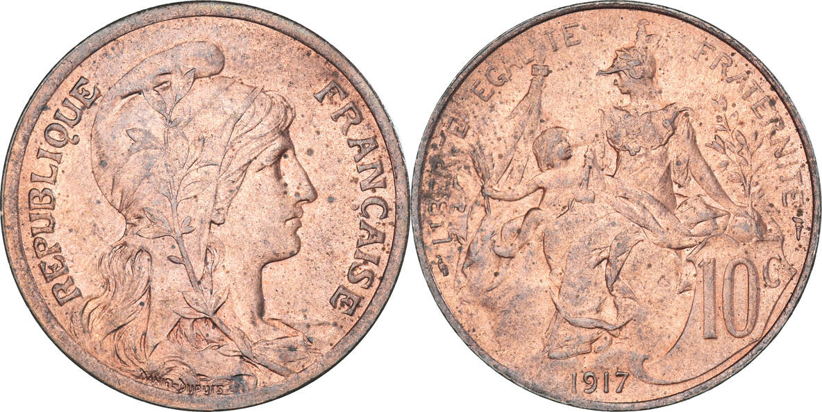 France 10 Centimes 1917 Paris Coin, Dupuis, Paris, Bronze, Gadoury:277 AU(50-53) | MA-Shops