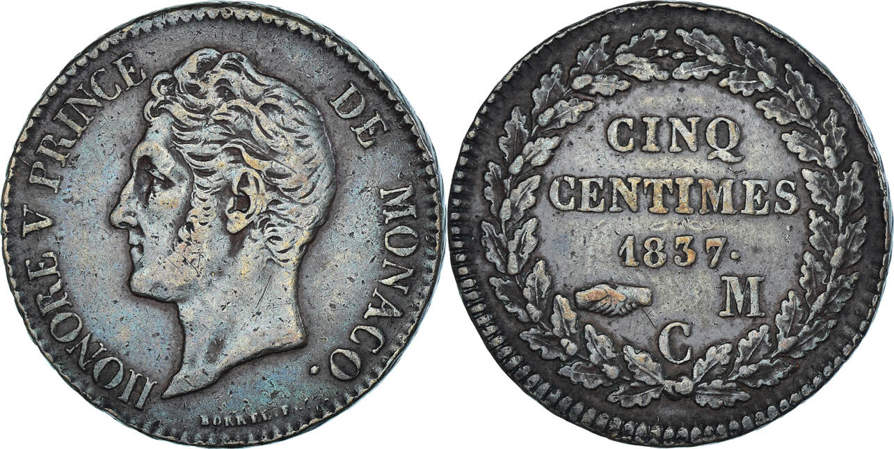 Monaco 5 Centimes 1837 Monaco Coin, Honore V, Copper EF(40-45) | MA-Shops