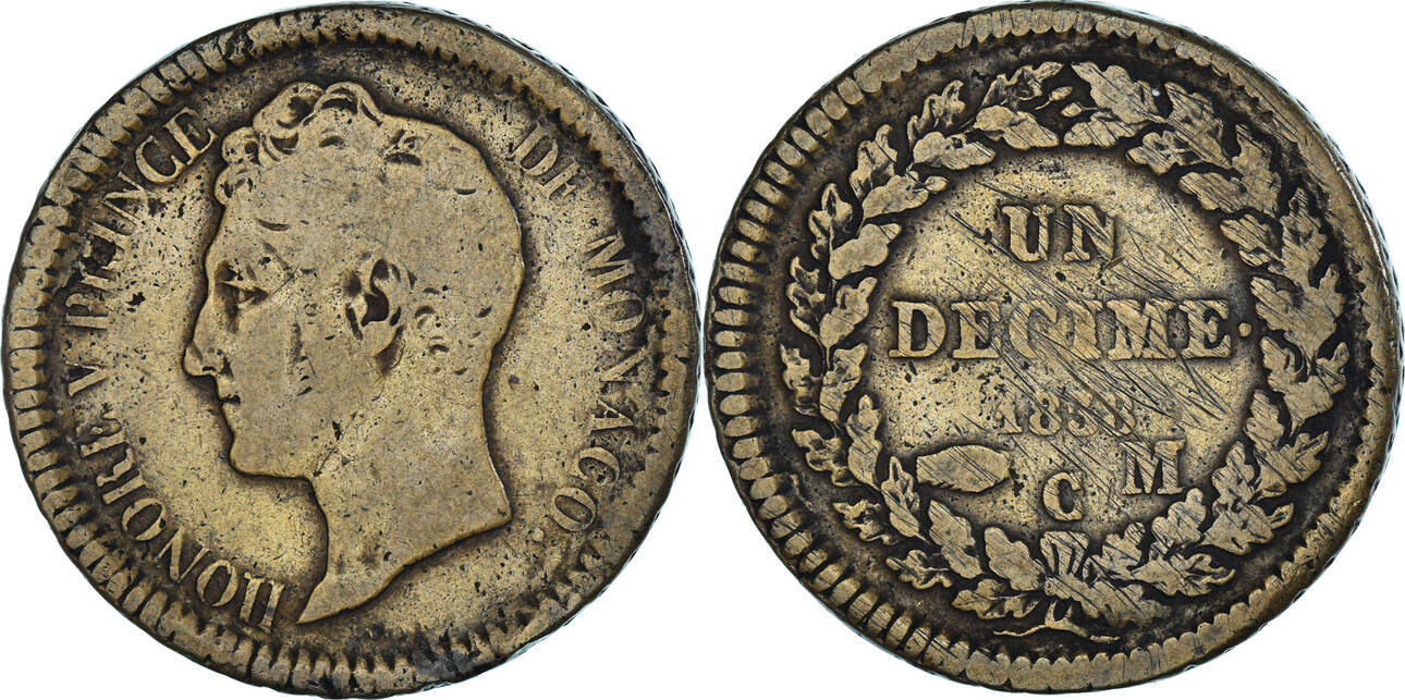 Monaco 1 Décime 1838 Monaco Coin, Honore V, Copper Gilt VF(20-25) | MA ...
