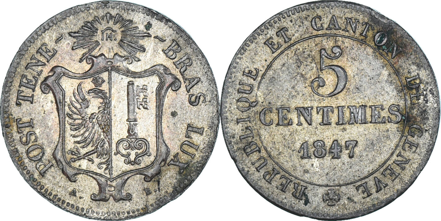 SWISS CANTONS 5 Centimes 1847 Genève Coin, GENEVA, Genève, Billon AU(55 ...