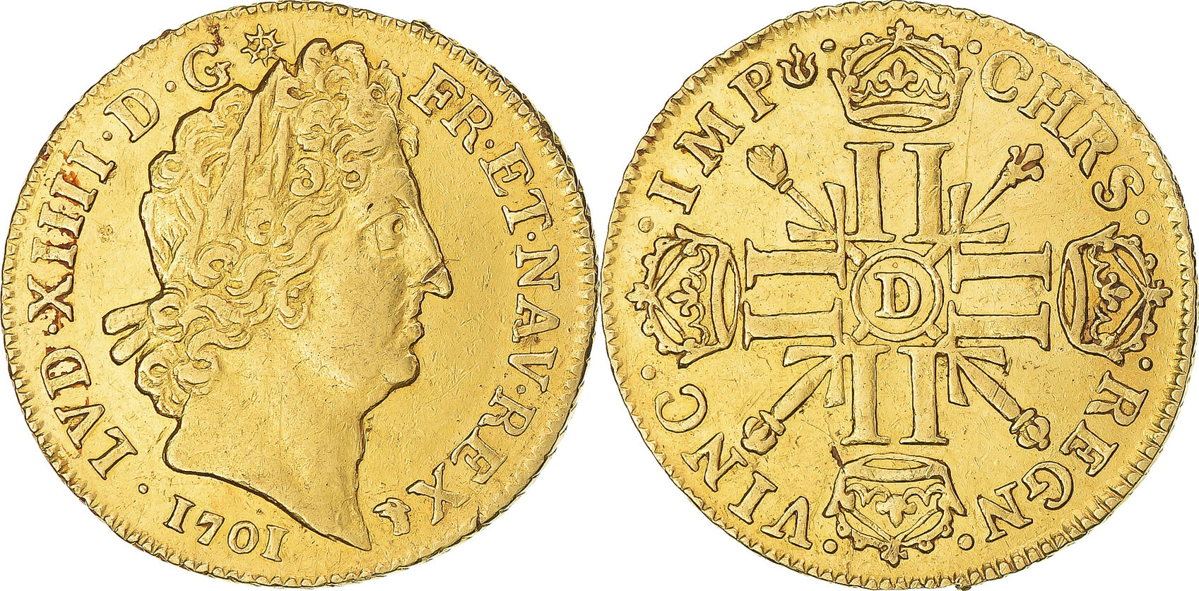 France 1701 Lyon Coin, Louis XIV, Louis d'or aux 8 L et aux insignes ...