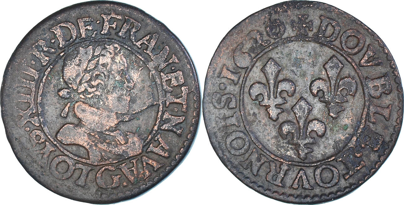 France Double Tournois 1620 Poitiers Coin, Louis XIII, Poitiers, Copper ...