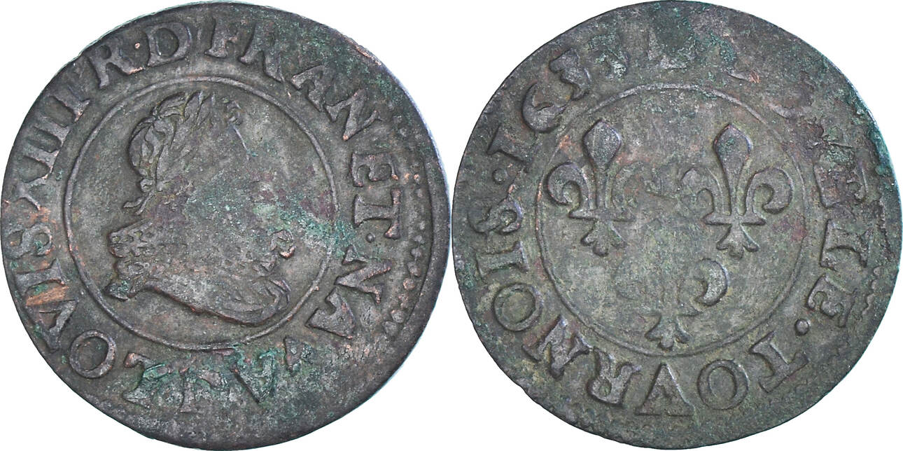 France Double Tournois 1633 Lyon Coin, Louis XIII, Lyon, Copper VF(30 ...