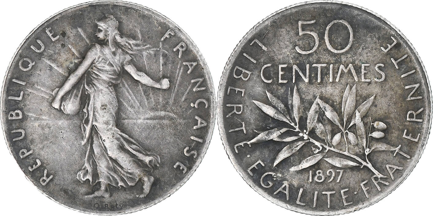 France 50 Centimes 1897 Paris Semeuse, Paris, Flan mat, Silver, KM:854 AU(50-53) | MA-Shops