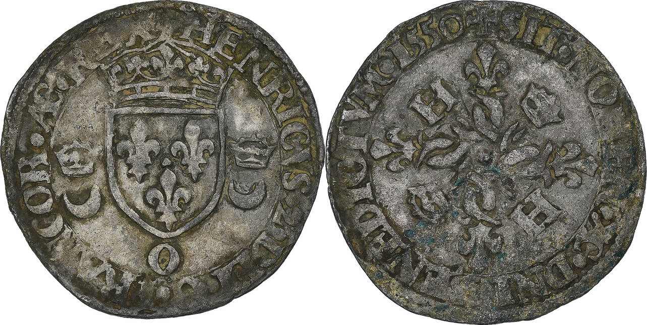 France Douzain aux croissants 1550 Moulins Henri II, Moulins, Billon VF ...