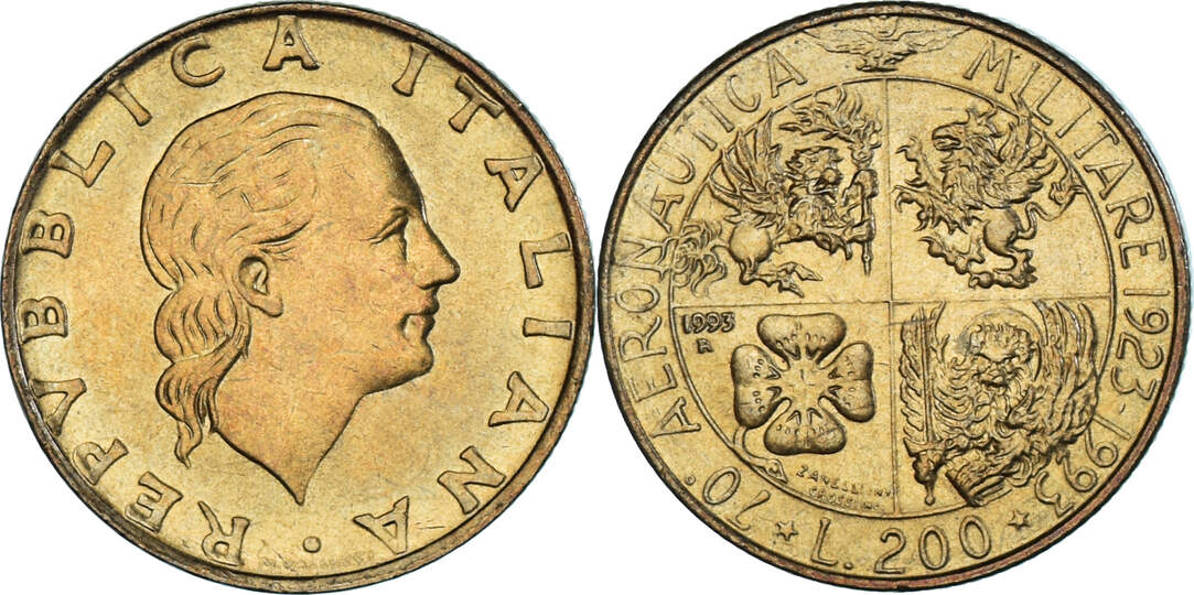Italy 200 Lire 1993 R Coin, 70th Anniversary of Military Aviation, Rome ...
