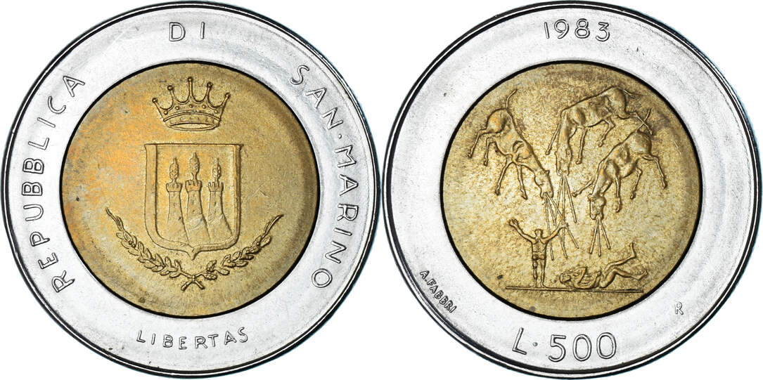 San Marino 500 Lire 1983 R Coin, Rome, Bi-Metallic, KM:153 AU(50-53) | MA-Shops