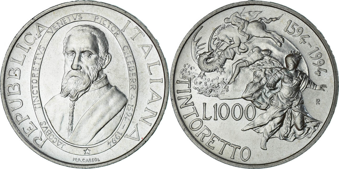 Italy 1000 Lire 1994 Rome Coin, Rome, Tintoretto, Silver, KM:169 MS(65 ...