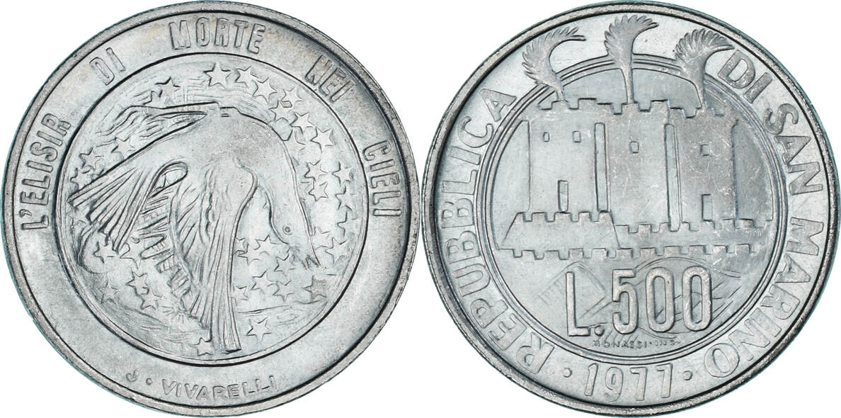 San Marino 500 Lire 1977 Coin, Silver, KM:71 MS(65-70) | MA-Shops