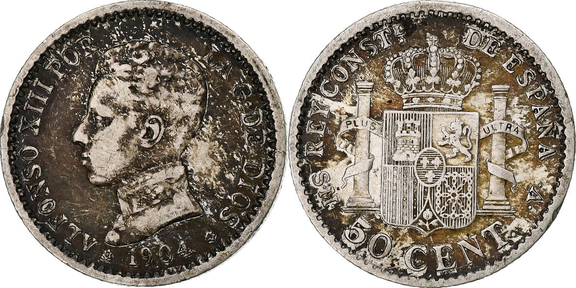 Spain 50 Centimos 1904 Madrid Alfonso XIII, Madrid, Silver, KM:723 VF ...