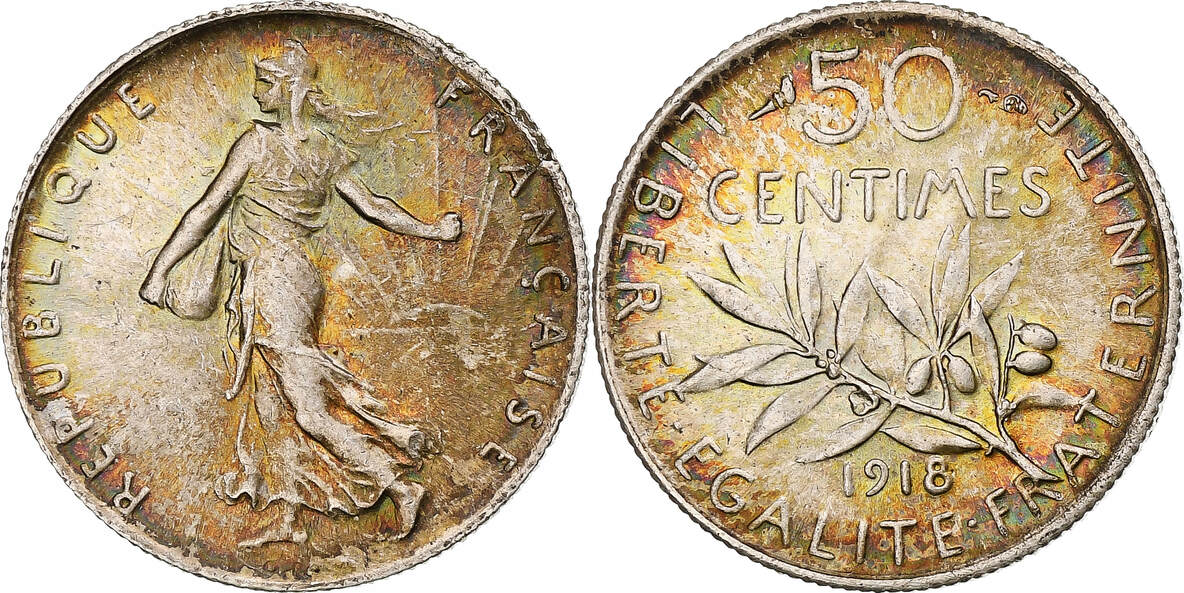 France 50 Centimes 1918 Paris Semeuse, Paris, Silver, KM:854, Le AU(55-58) | MA-Shops