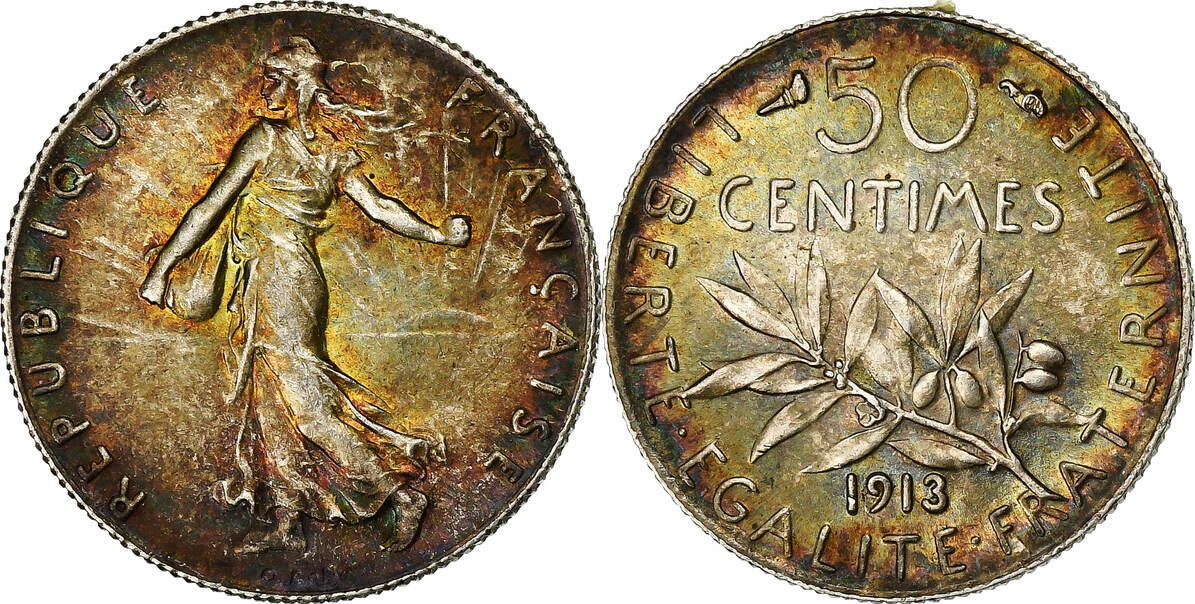 France 50 Centimes 1913 Paris Semeuse, Paris, Silver, KM:854 MS(60-62) | MA-Shops