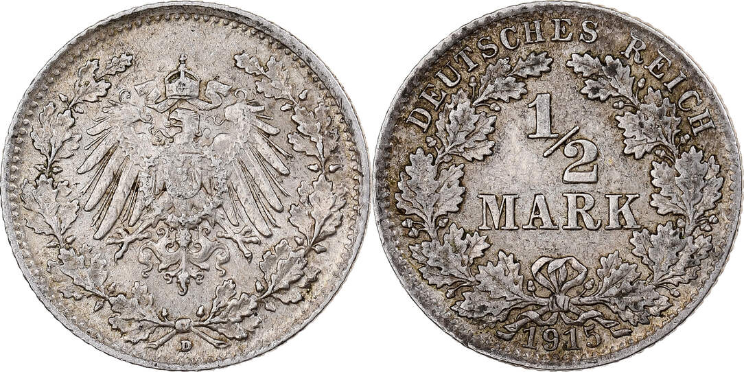 German Empire 1/2 Mark 1915 D GERMANY - EMPIRE, Munich, Silver, KM:17 VF(30-35) | MA-Shops