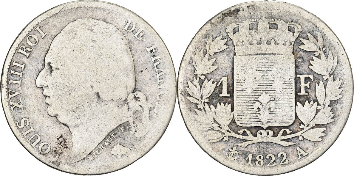 France Franc 1822 A Louis XVIII, Louis XVIII, Paris, Silver, KM:709.1 F ...