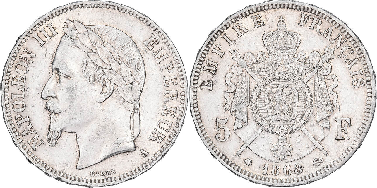 France 5 Francs 1868 A Napoleon III, Napoléon III, Paris, Silver EF(40 ...