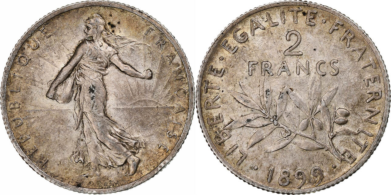 France 2 Francs 1899 Paris Semeuse, Paris, Silver, Gadoury:532, KM:845. ...