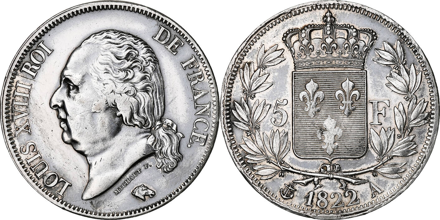 France 5 Francs 1822 A Louis XVIII, Paris, Silver, Gadoury:614 EF(40-45 ...