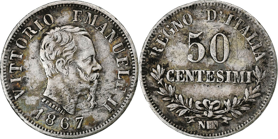 Italy 50 Centesimi 1867 N Vittorio Emanuele II, Naples, Silver EF(40-45 ...