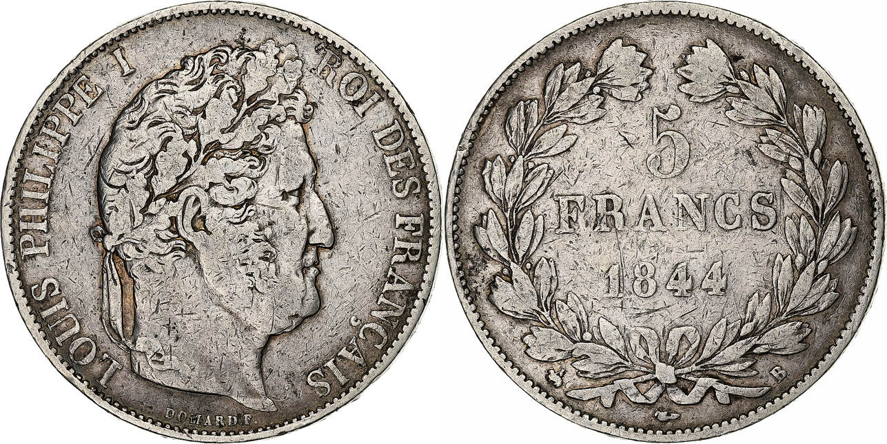 France 5 Francs 1844 B Louis-Philippe, Rouen, Silver, Gadoury:678a VF ...