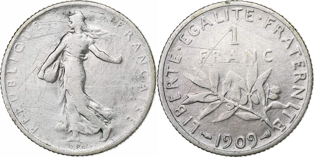 France Franc 1909 Paris Semeuse, Paris, Silver, Gadoury:467, KM:844.1 VF(20-25) | MA-Shops