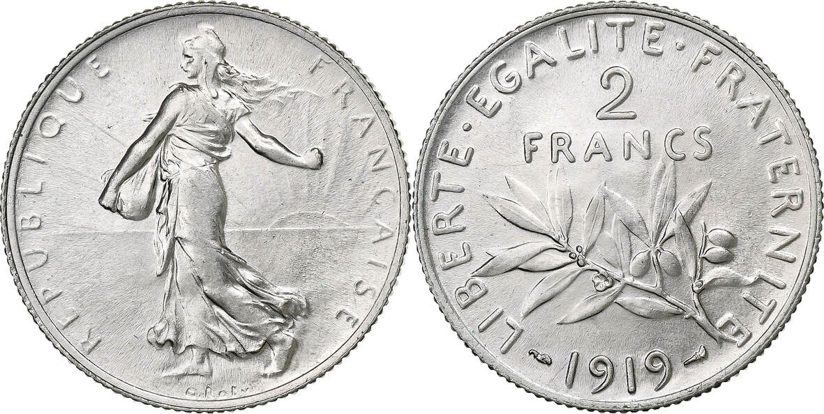 France 2 Francs 1919 Paris Semeuse, Paris, Silver, Gadoury:532, KM:845.1 AU(55-58) | MA-Shops
