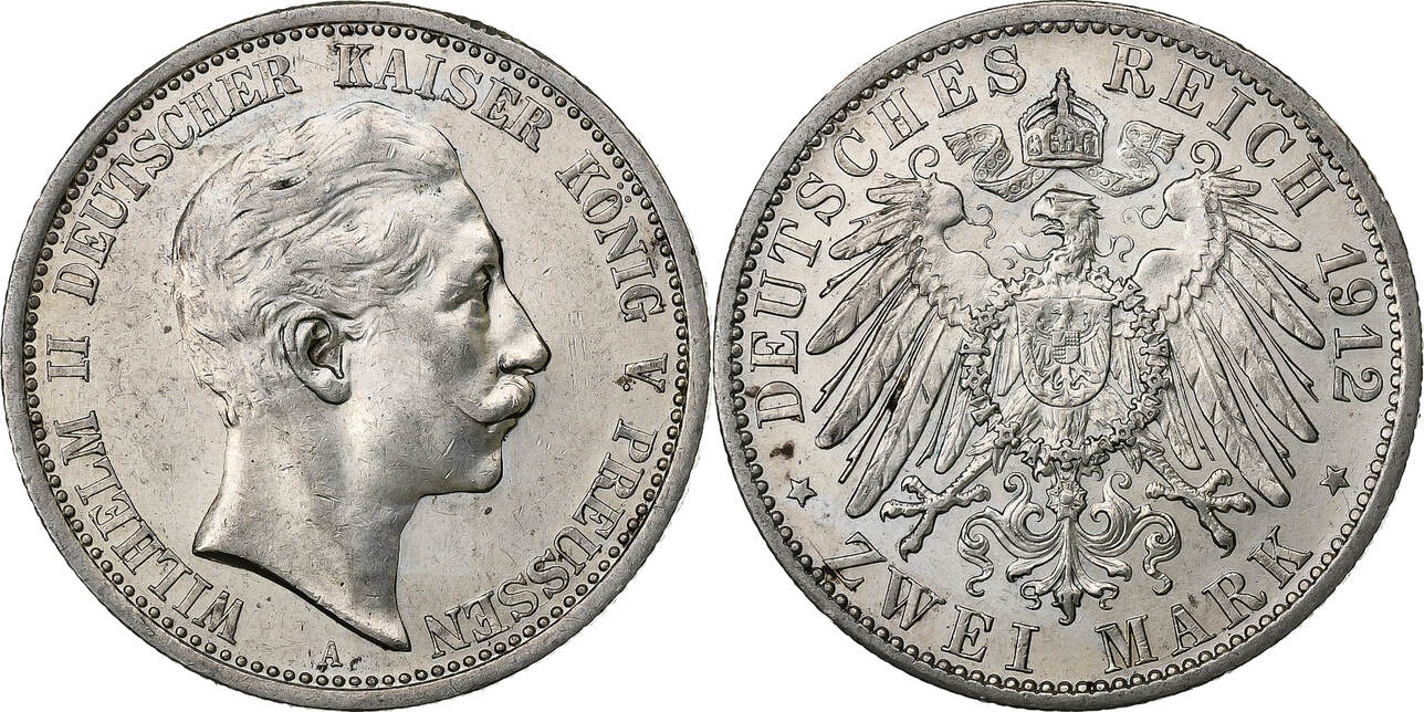 German States 2 Mark 1912 A PRUSSIA, Wilhelm II, Berlin, Silver AU(50 ...