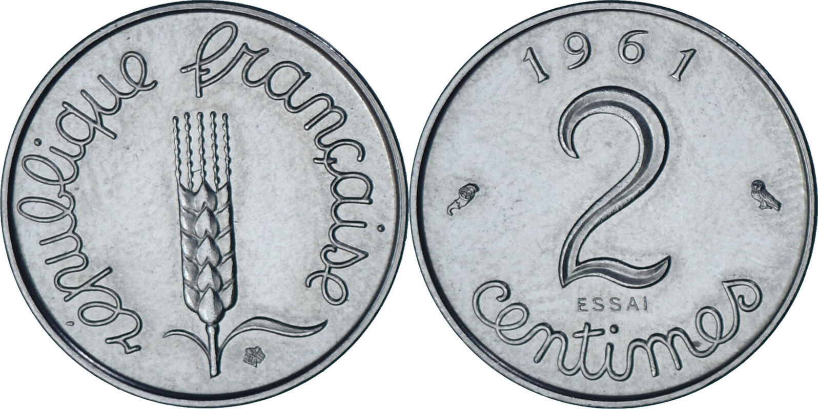 France 2 Centimes 1961 Paris Coin, Épi, Paris, Chrome-Steel, KM:E103.1 MS(64) | MA-Shops