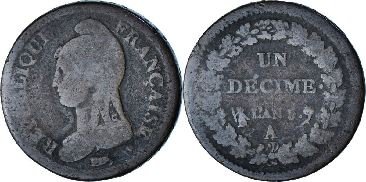 France 1 Décime AN 5 Paris Dupré, Paris, Copper, Gadoury:187 F(12-15 ...