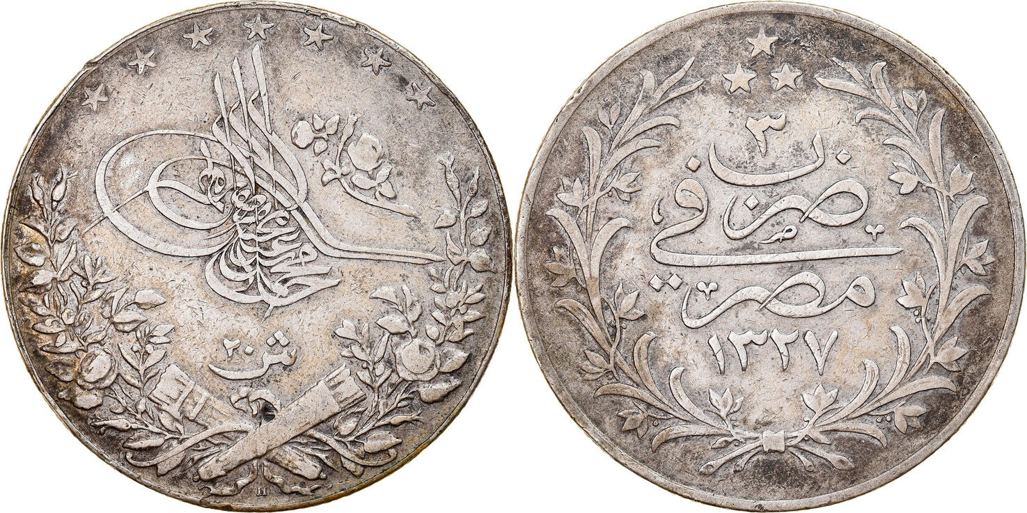 Egypt 20 Qirsh 1911/AH1327 Misr Coin, Muhammad V, Misr, Silver, KM:310 ...