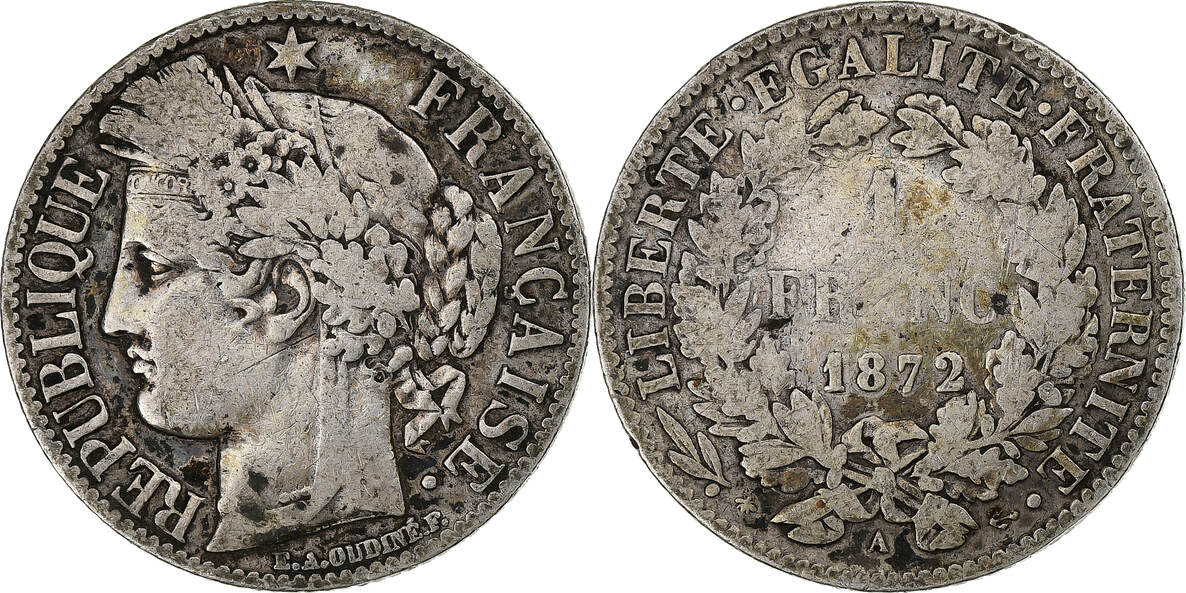 France Franc 1872 Paris Cérès, Paris, Silver, Gadoury:465a VF(20-25 ...